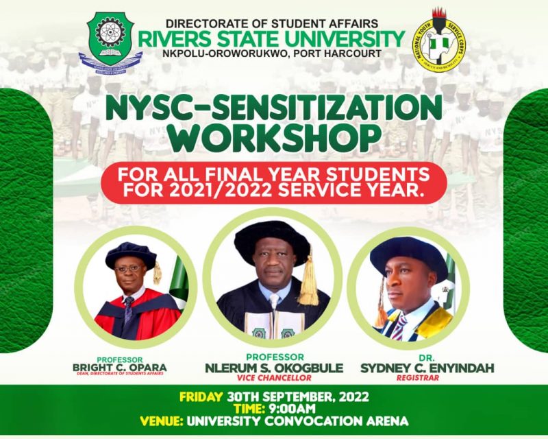 NYSC-SENSITIZATION WORKSHOP – For All Final Year Students for 2021/2022 ...