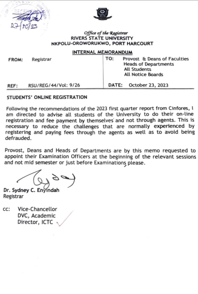INFORMATION ON STUDENTS’ ONLINE REGISTRATION – Rivers State University
