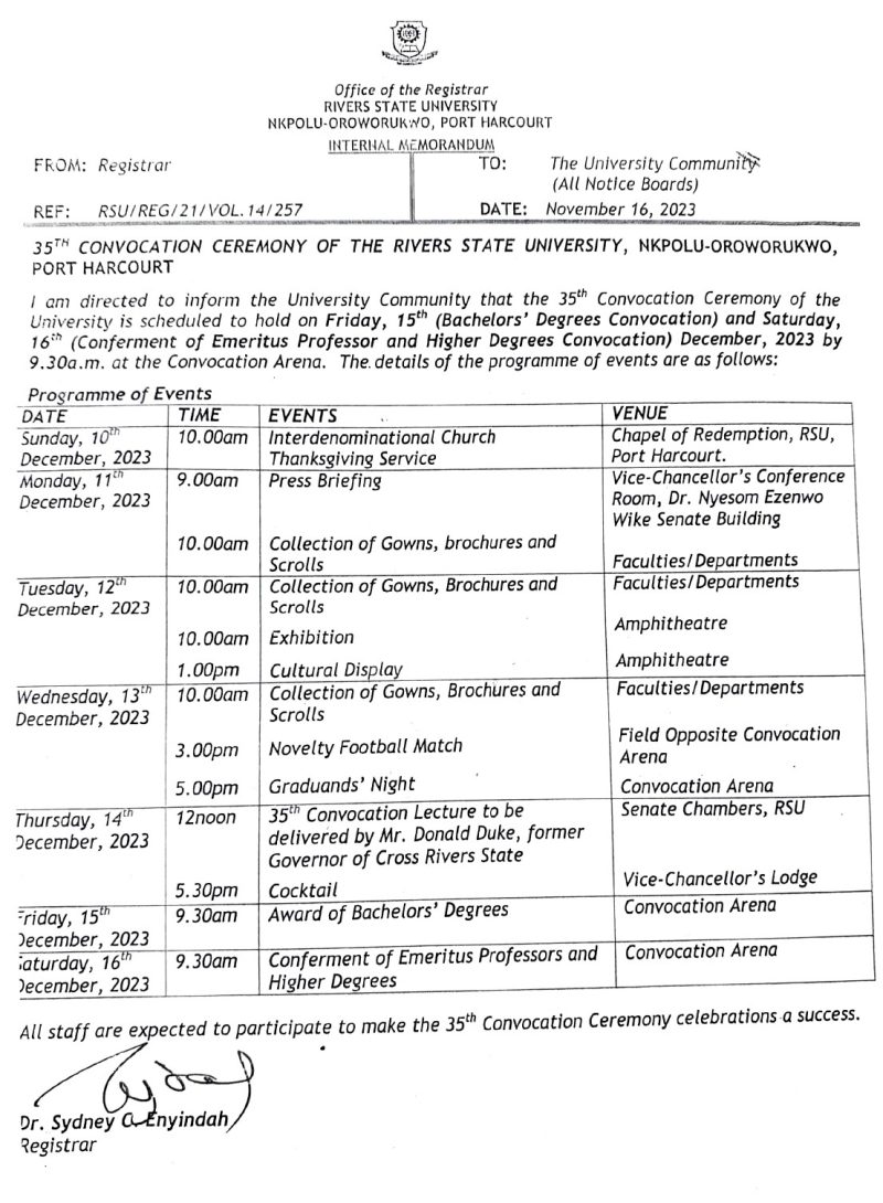 35TH CONVOCATION CEREMONY OF THE RIVERS STATE UNIVERSITY, NKPOLU ...