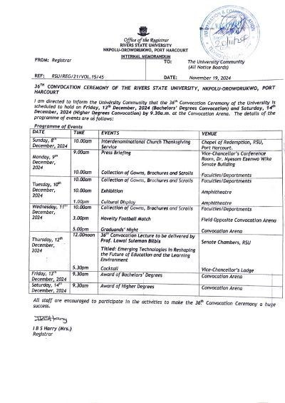 CONVOCATION CEREMONY EVENTS – Rivers State University