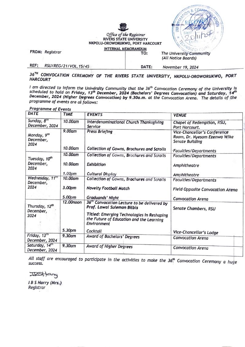 CONVOCATION CEREMONY EVENTS – Rivers State University